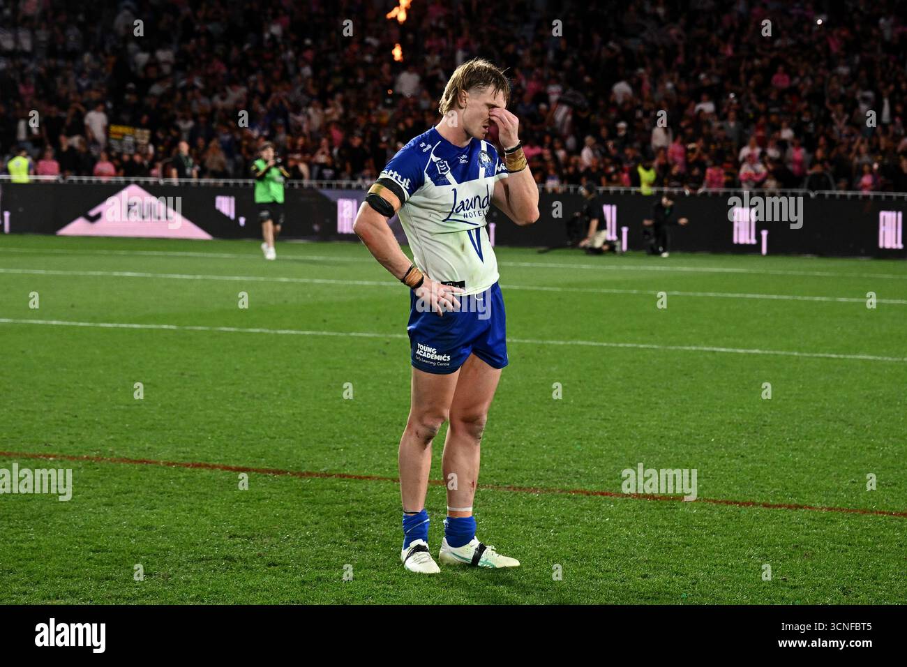 Jacob Preston of the Bulldogs reacts following his team’s loss in the ...