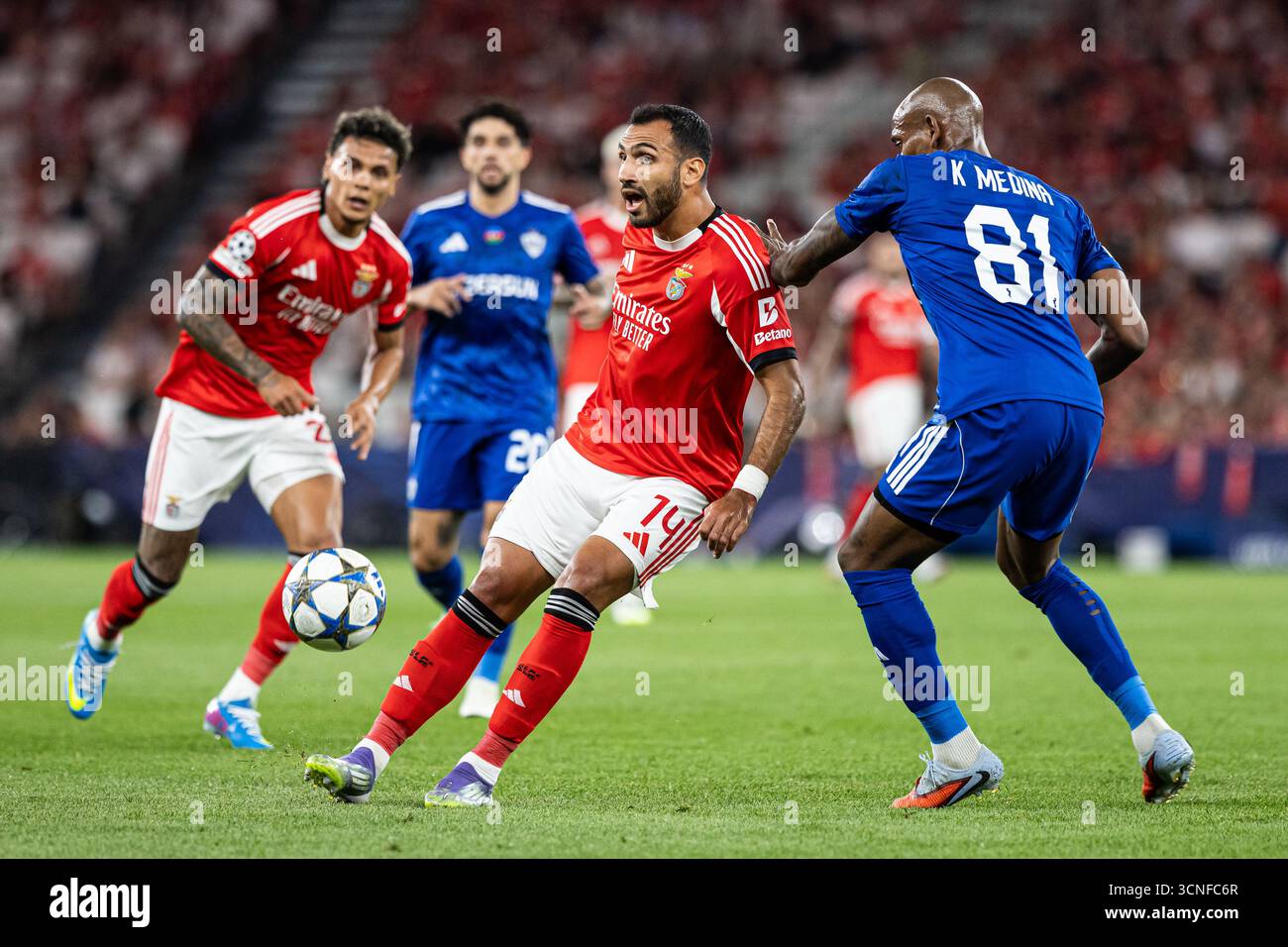 Vangelis Pavlidis of SL Benfica and Kevin Medina of Qarabag FK seen in action during the UEFA ...