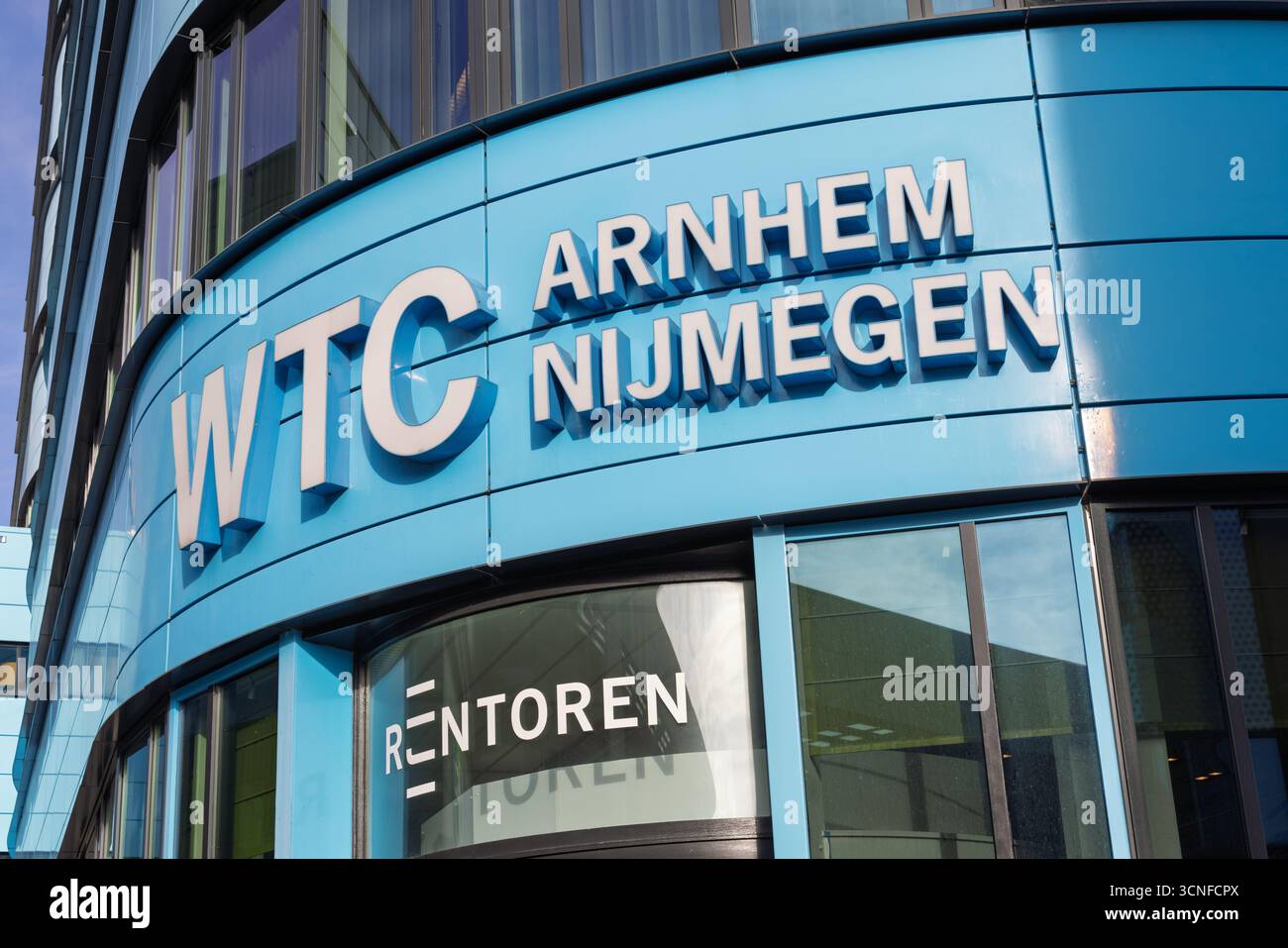 A close-up of a blue and gray building in Arnhem, featuring the large ...