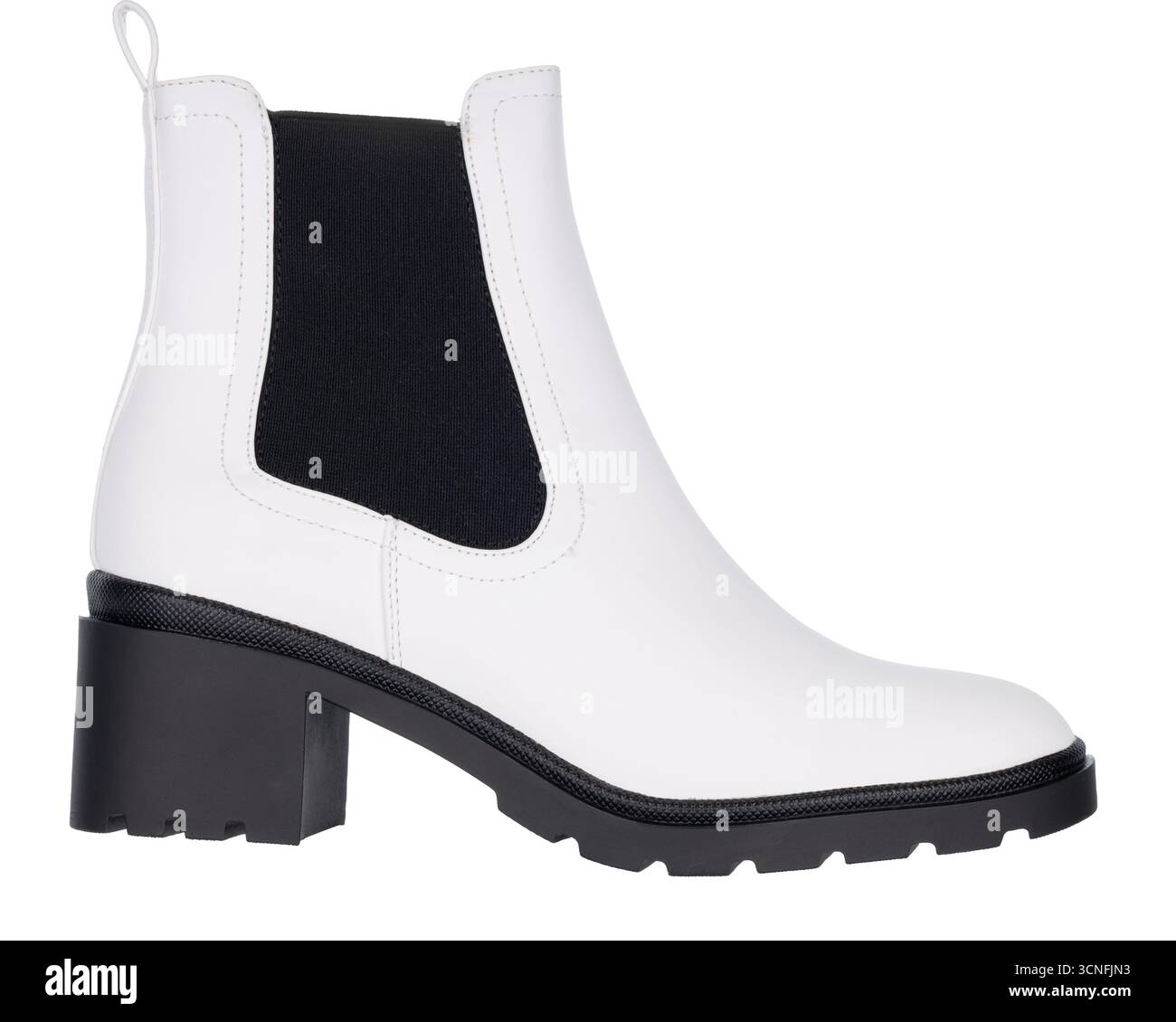 Side profile of a white Chelsea ankle boot with black elastic panel and ...