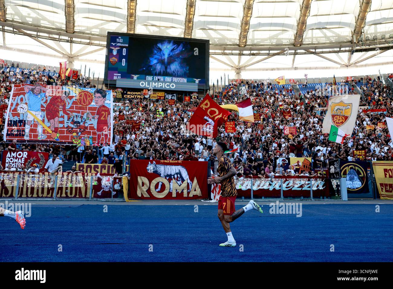 Roma’s teams enter the football pitch for the match during the Serie A ...