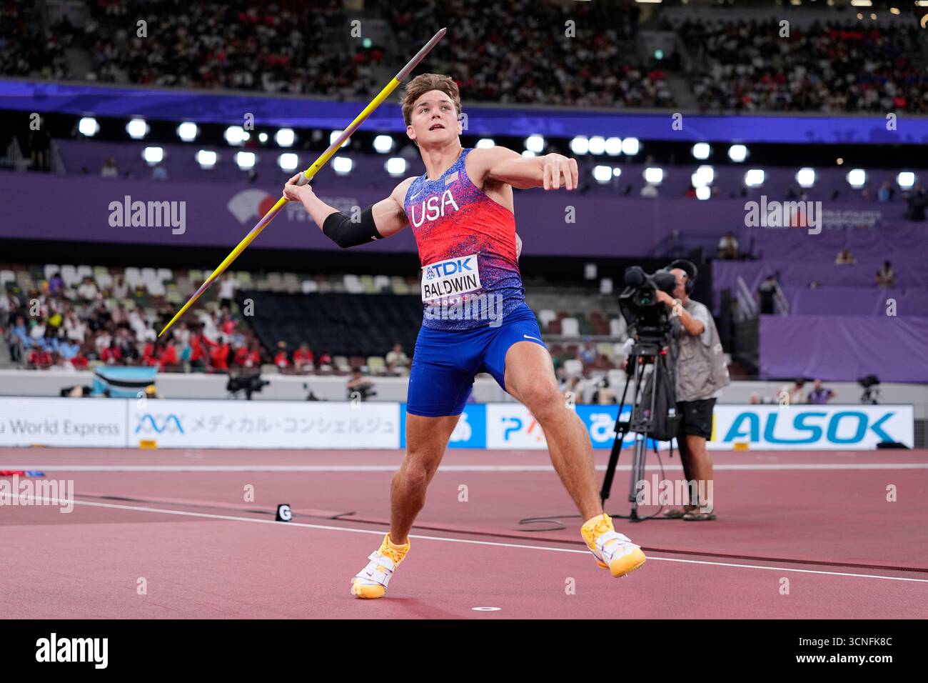 United States' Heath Baldwin competes in the decathlon javelin throw at ...