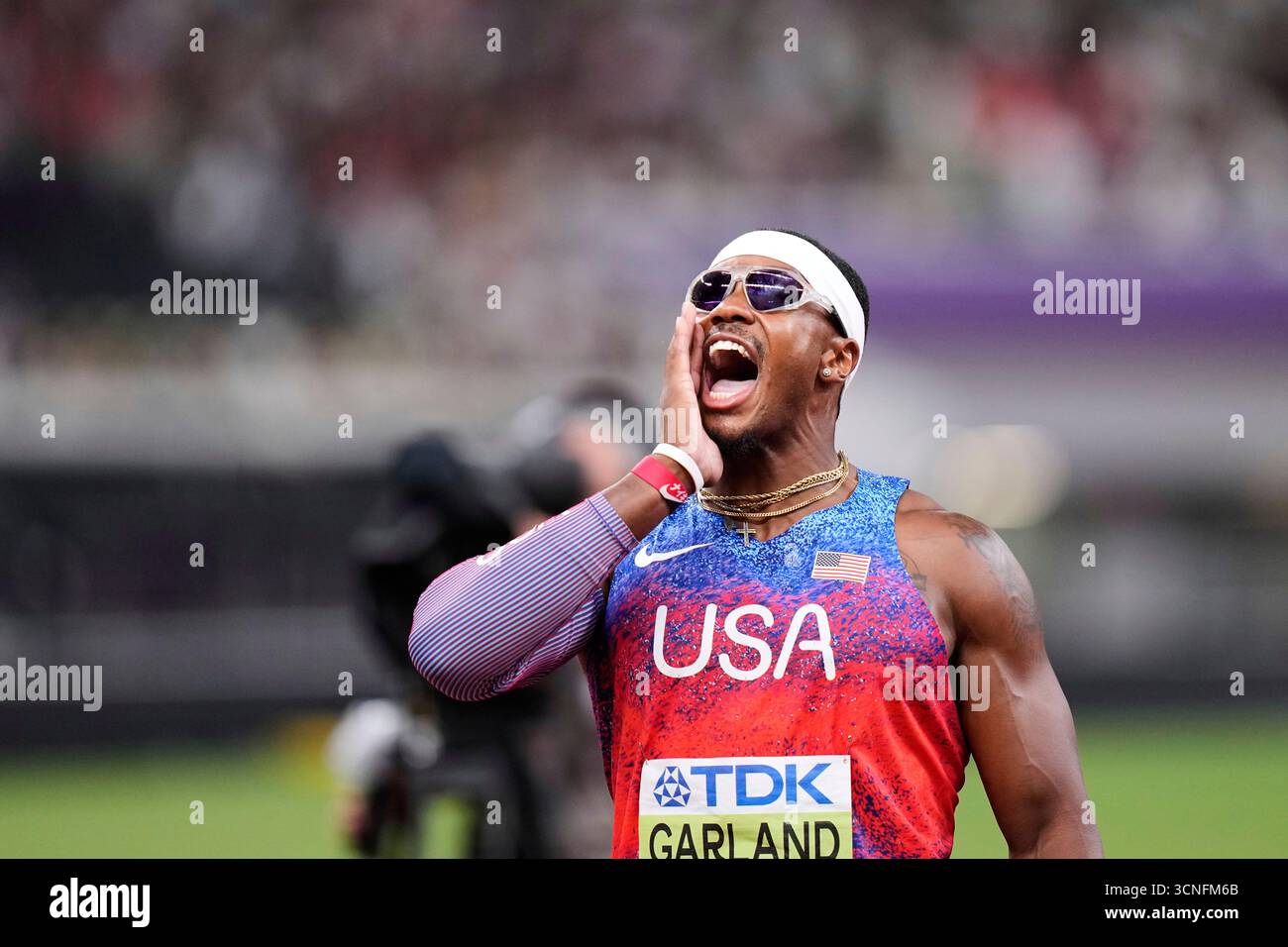 United States' Kyle Garland reacts during the decathlon javelin throw ...