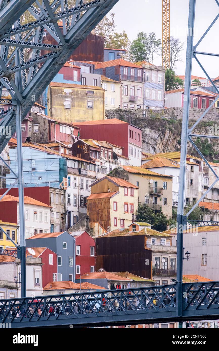 Porto Old Town Hillside Houses Viewed Through Dom Luis I Bridge Iron ...