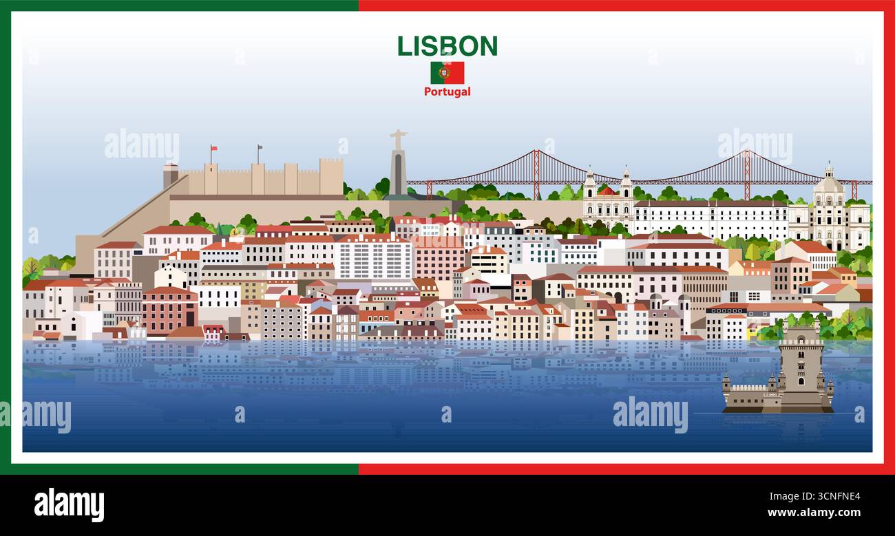 Lisbon city skyline with a frame border in the colors of the flag of ...