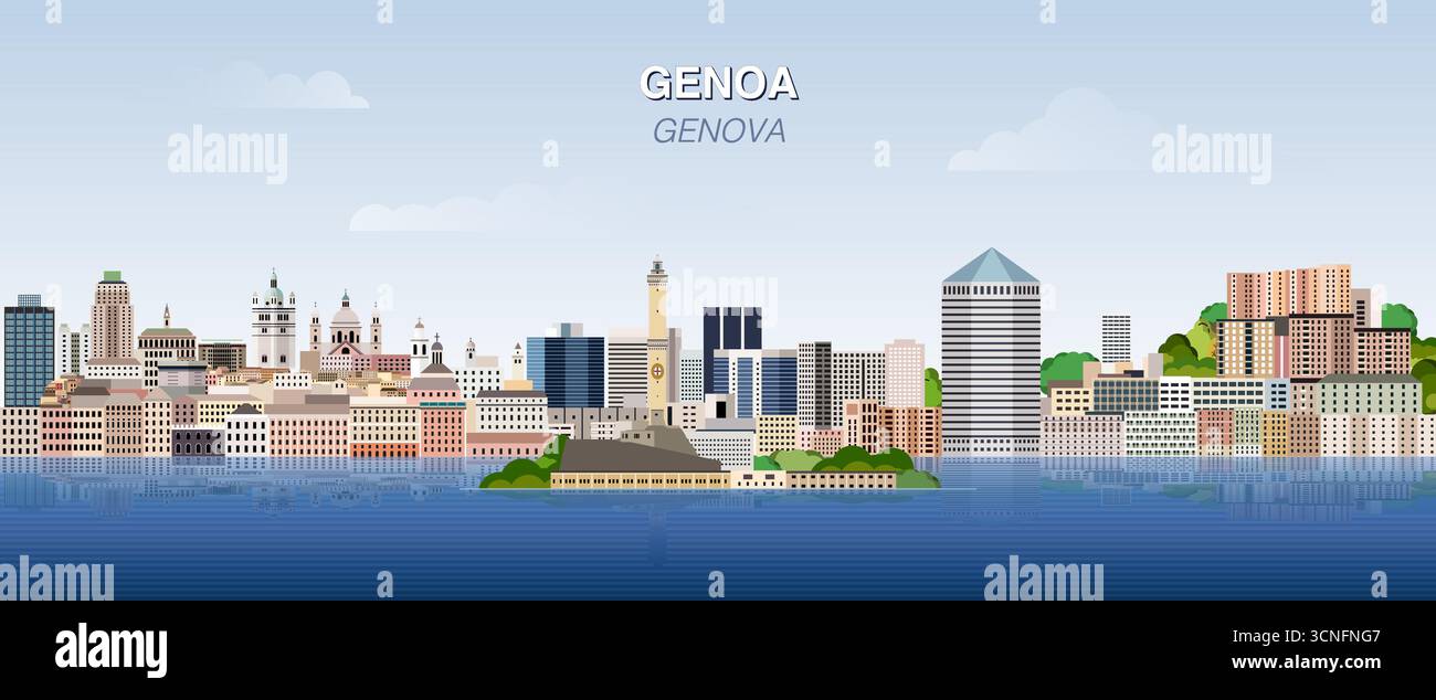 Genoa city skyline on gradient beautiful day sky background. Vector ...