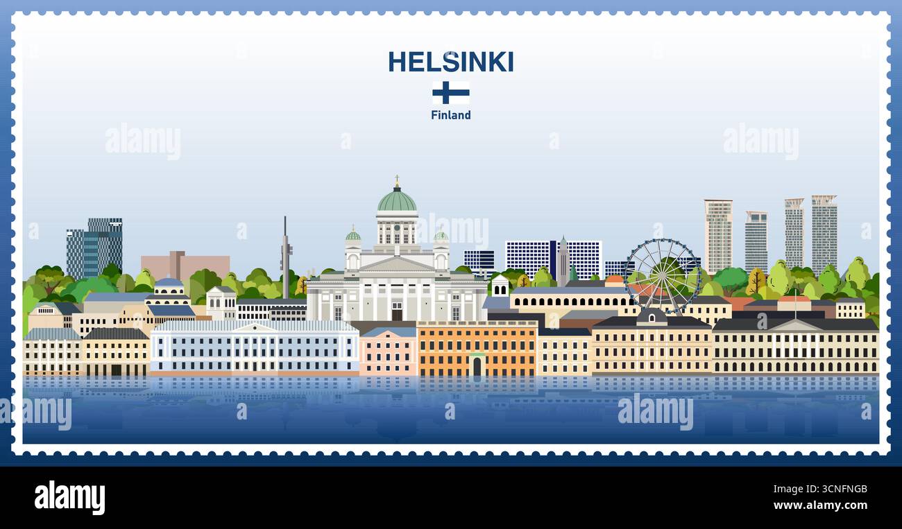 Helsinki city skyline with a frame border in postmark style. Vector ...