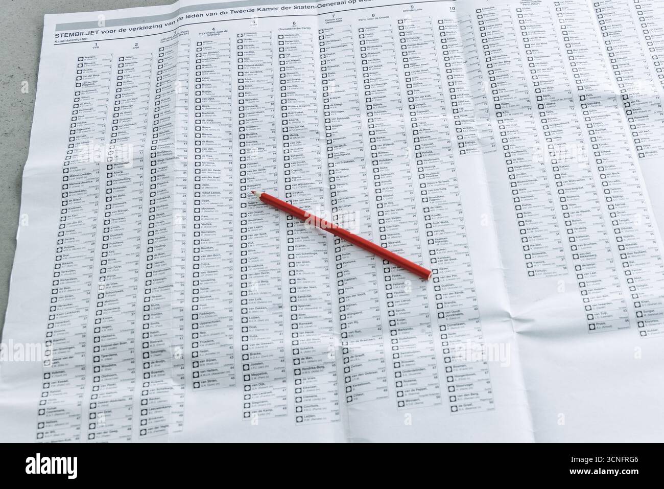 An overhead view of a Dutch ballot paper for the Tweede Kamer elections ...