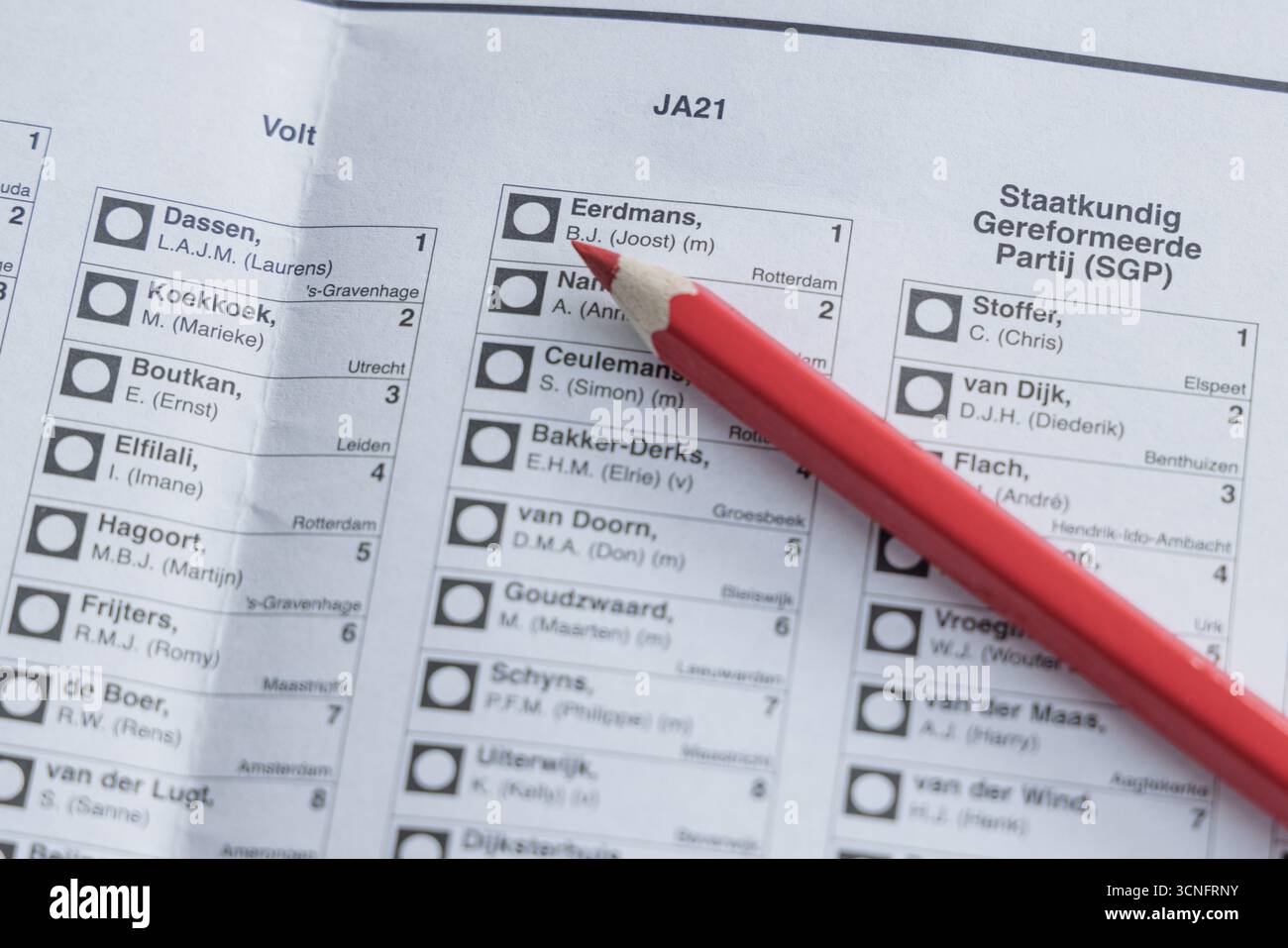 A close-up of a Dutch ballot paper for the elections, with a red pencil ...