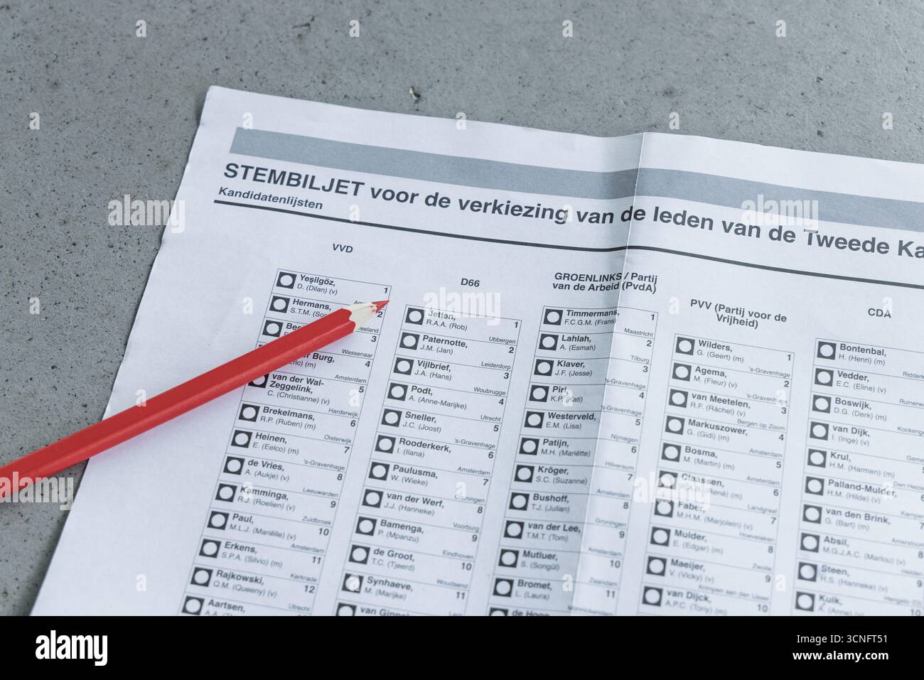A Dutch ballot paper for the Tweede Kamer elections is shown with a red ...