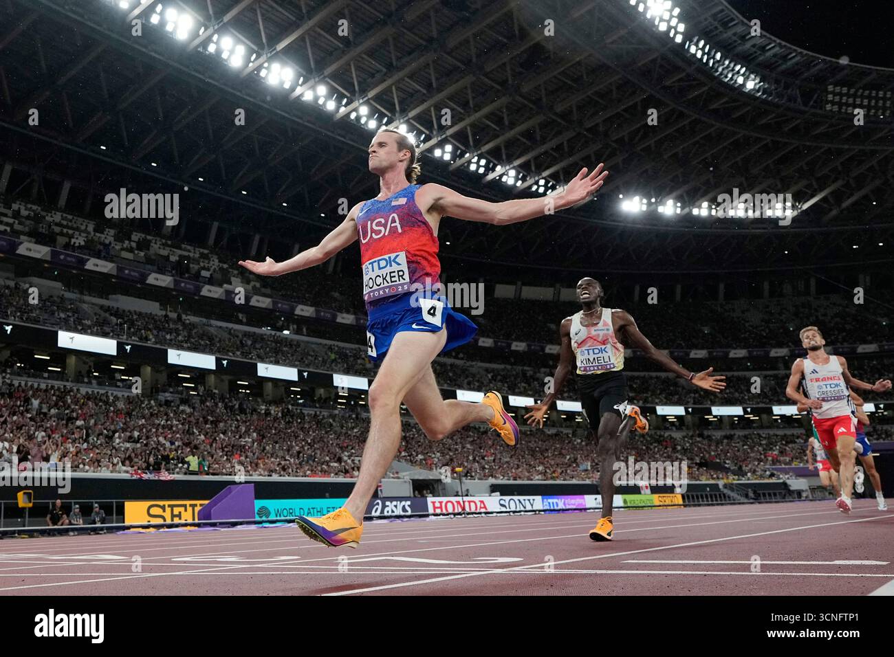 United States' Cole Hocker celebrates as he wins the men's 5,000 meters ...