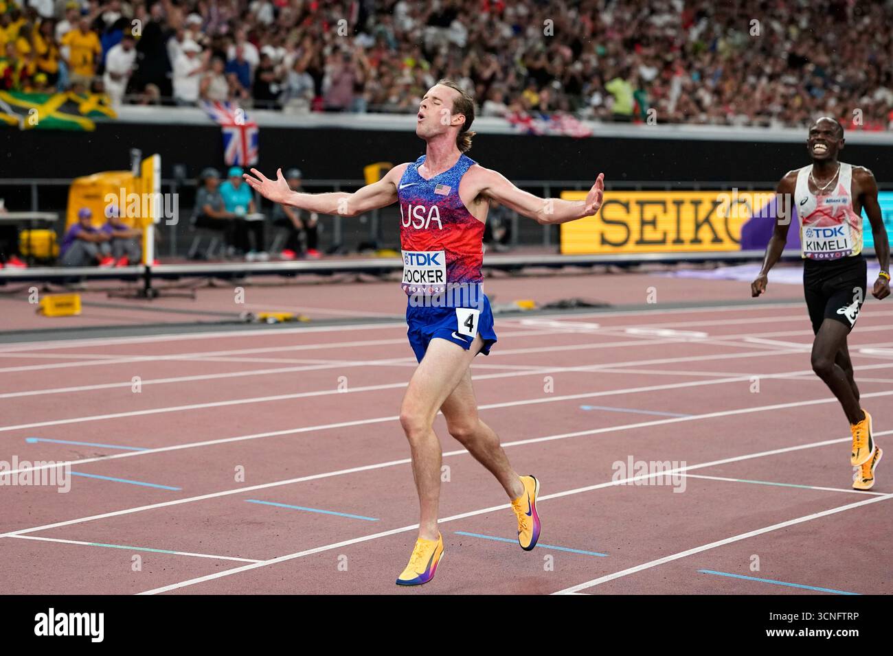 United States' Cole Hocker crosses the finish line ahead of Belgium's ...