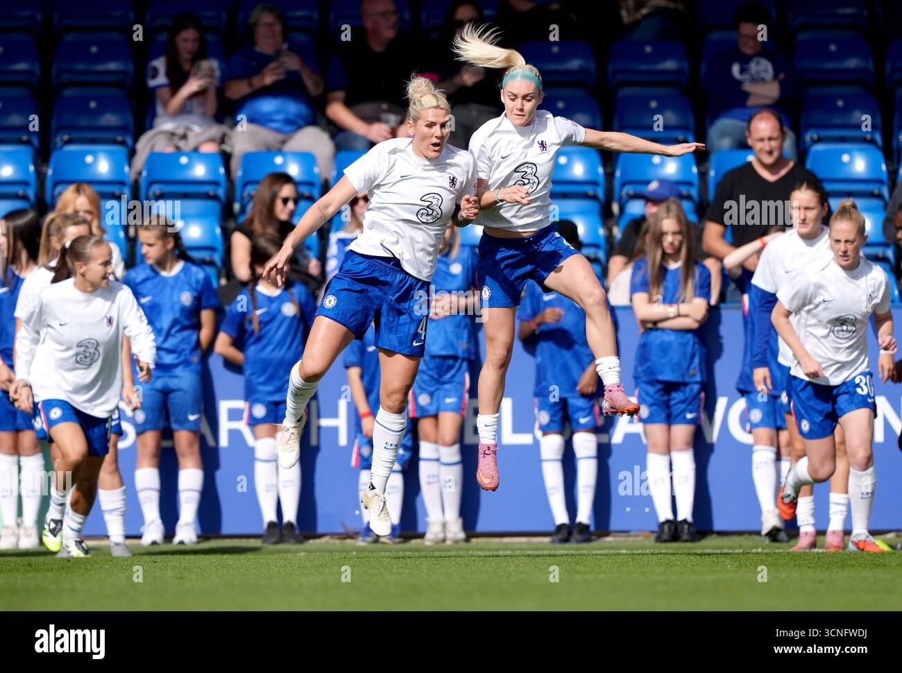 Chelsea's Millie Bright (left) and Ellie Carpenter warm up prior to the ...