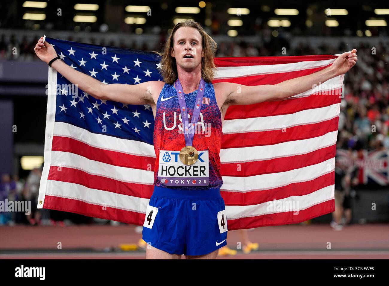 United States' Cole Hocker poses after winning the gold medal in the ...