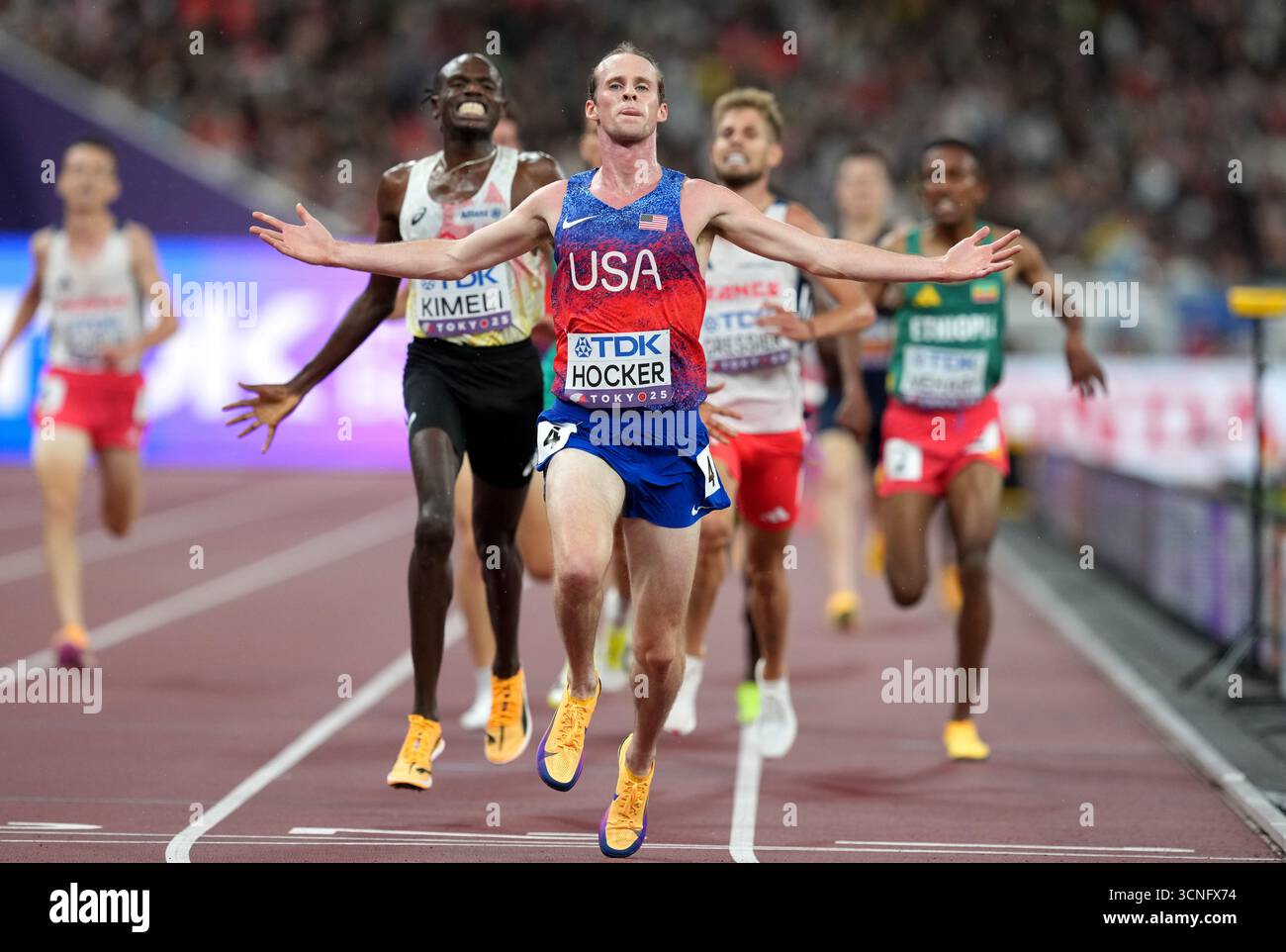 USA's Cole Hocker celebrates winning the Men's 5000 Metres on day nine ...