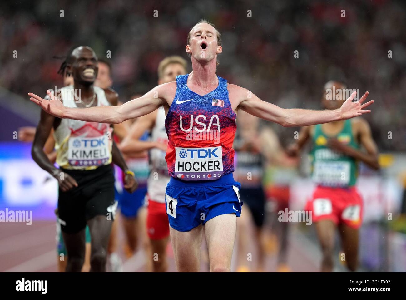 USA's Cole Hocker celebrates winning the Men's 5000 Metres on day nine ...