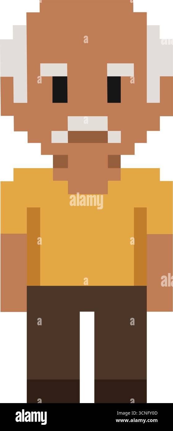 Pixel art character design of a friendly older man with white hair and ...