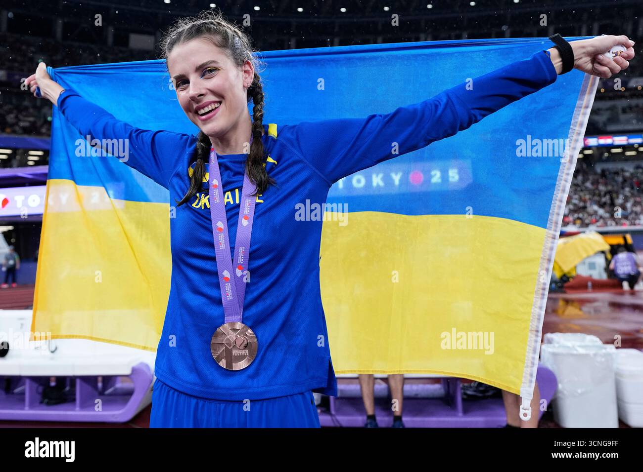 Ukraine's Yaroslava Mahuchikh celebrates after winning g a bronze medal ...