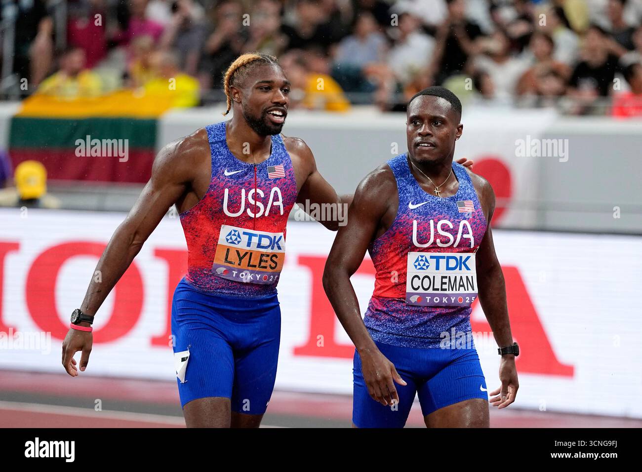 United States' Noah Lyles and Christian Coleman walk together after ...