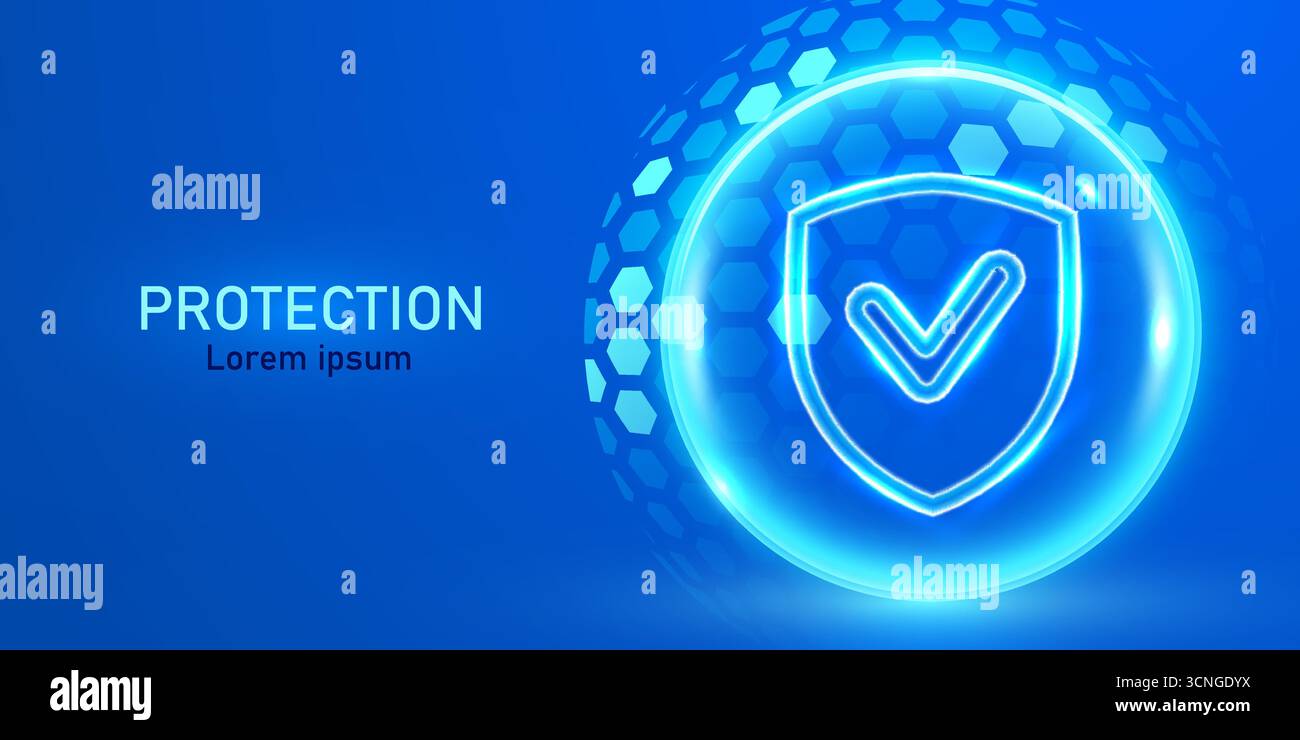 3D transparent sphere protection shield with neon glowing elements ...
