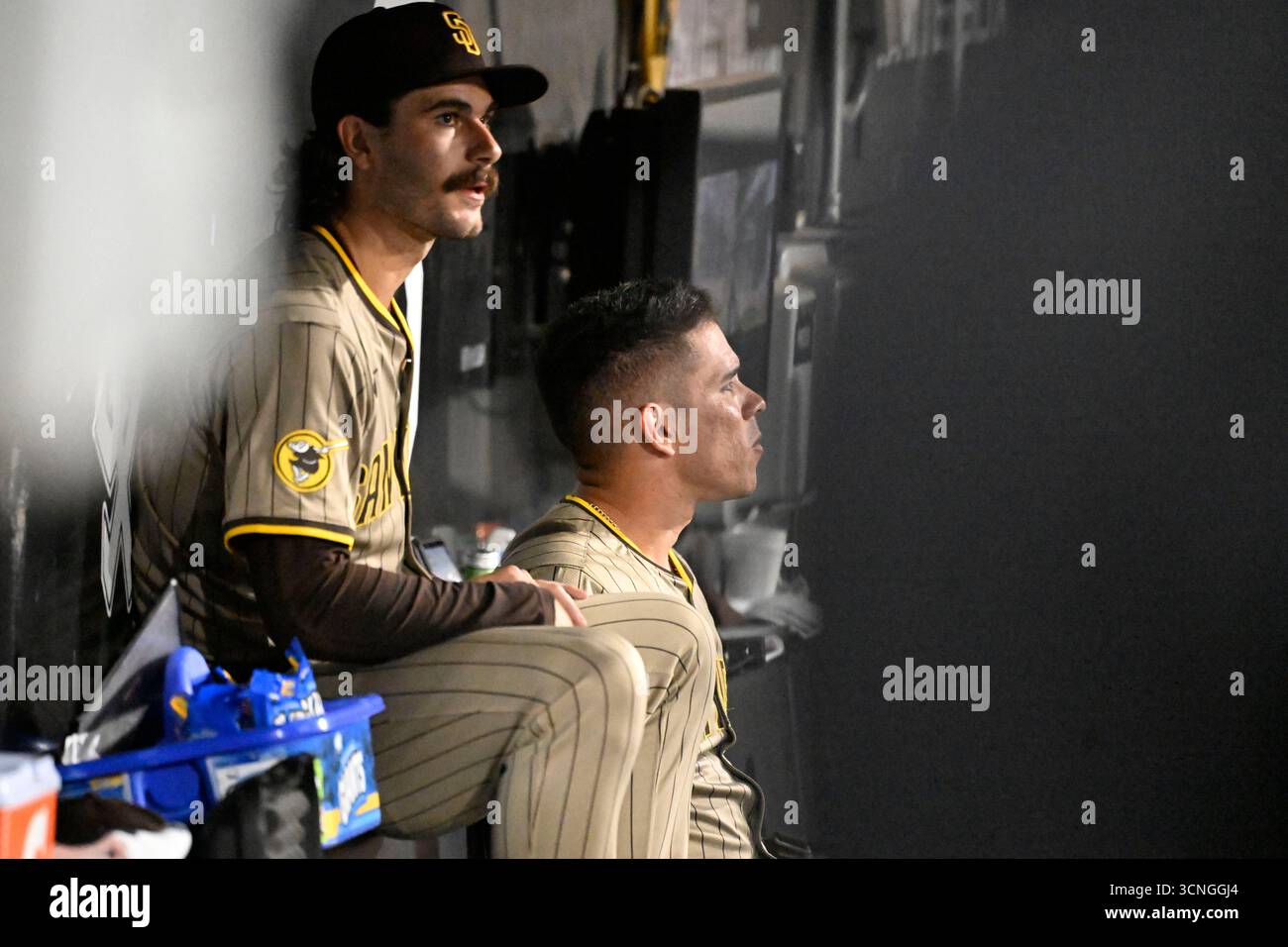 San Diego Padres pitcher Dylan Cease, left, talks with catcher Freddy ...