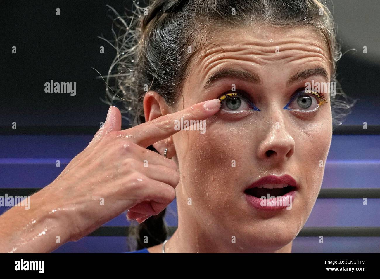 Ukraine's Yaroslava Mahuchikh gestures in the women's high jump final ...