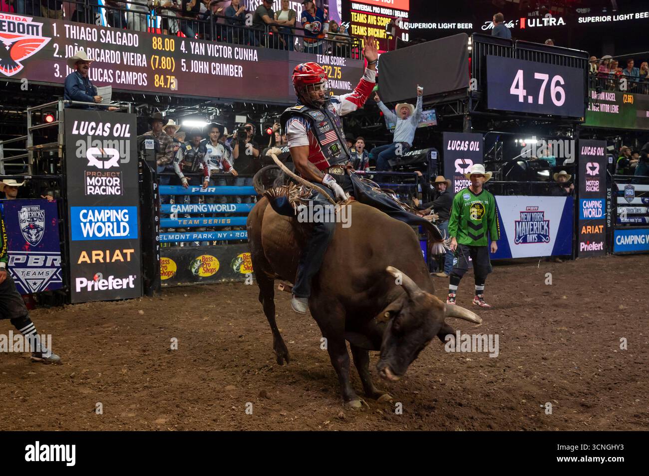 ELMONT, NEW YORK - SEPTEMBER 19: Florida Freedom's Yan Victor Cunha rides Red Hot in game 9 ...