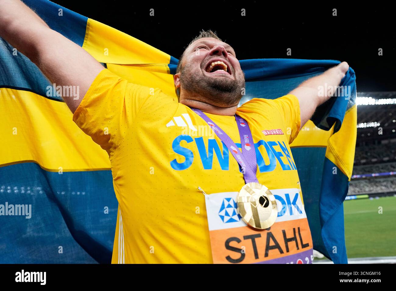 Sweden's Daniel Stahl reacts after winning the men's discus throw final ...