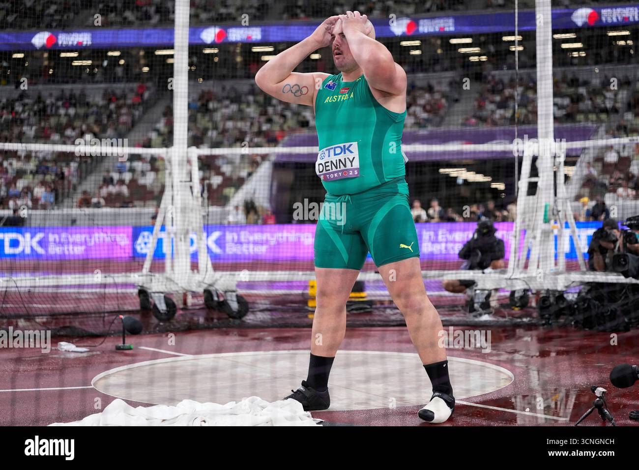 Australia's Matthew Denny reacts in the men's discus throw final at the ...
