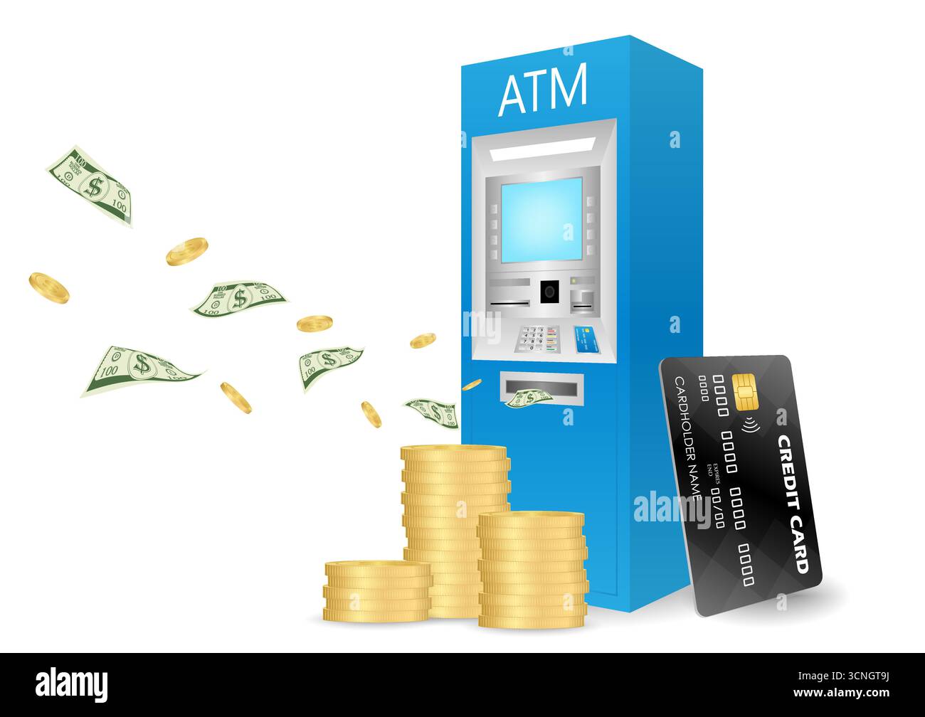 ATM- Automated Teller Machine with Flying Cash Money, Coins and Credit ...