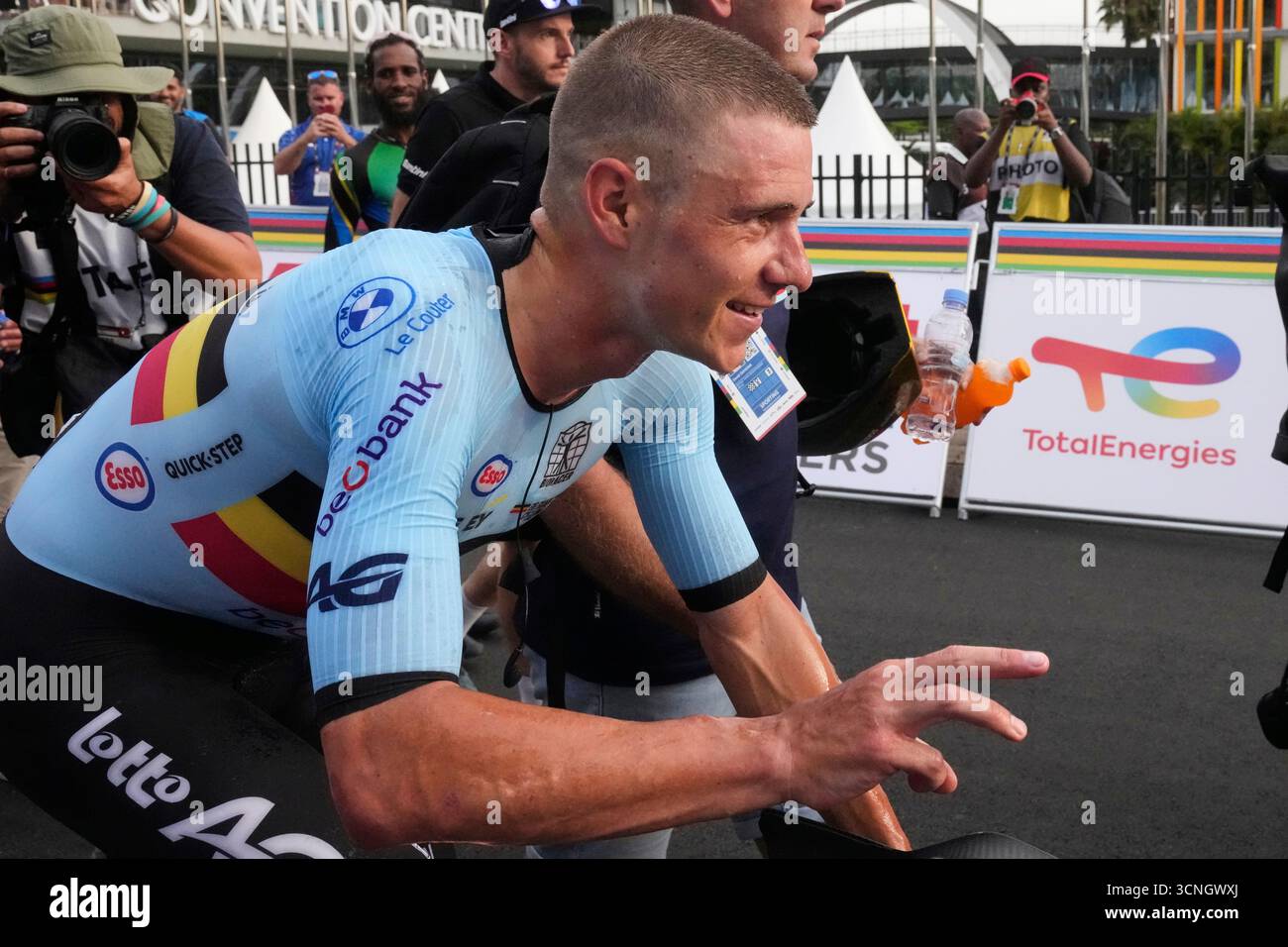 Belgium's Remco Evenepoel reacts after winning the men's elite ...