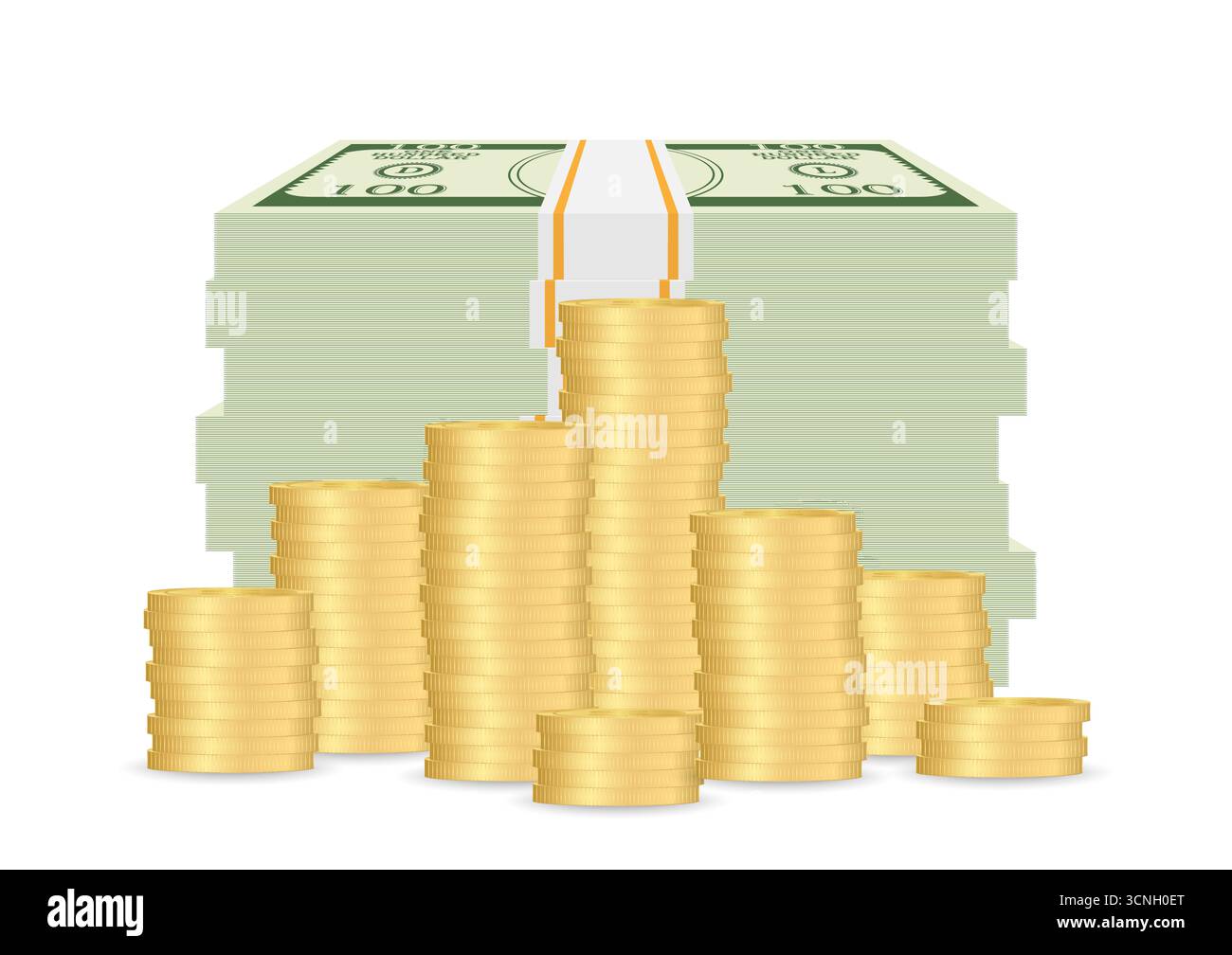 Stack of Dollar Banknote or Money Pack and Golden Coins. Investment ...