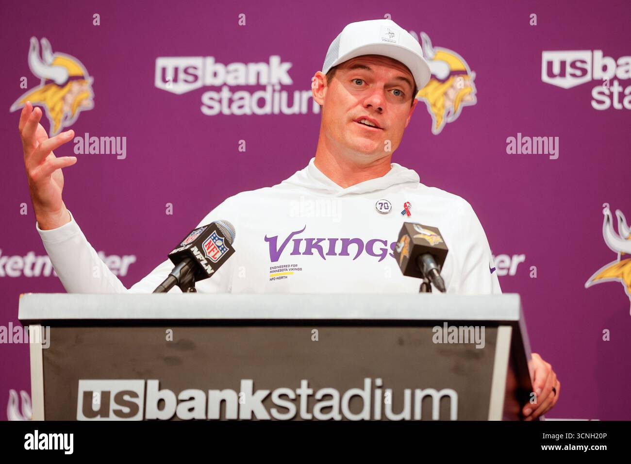Minnesota Vikings head coach Kevin O'Connell speaks to the media after ...