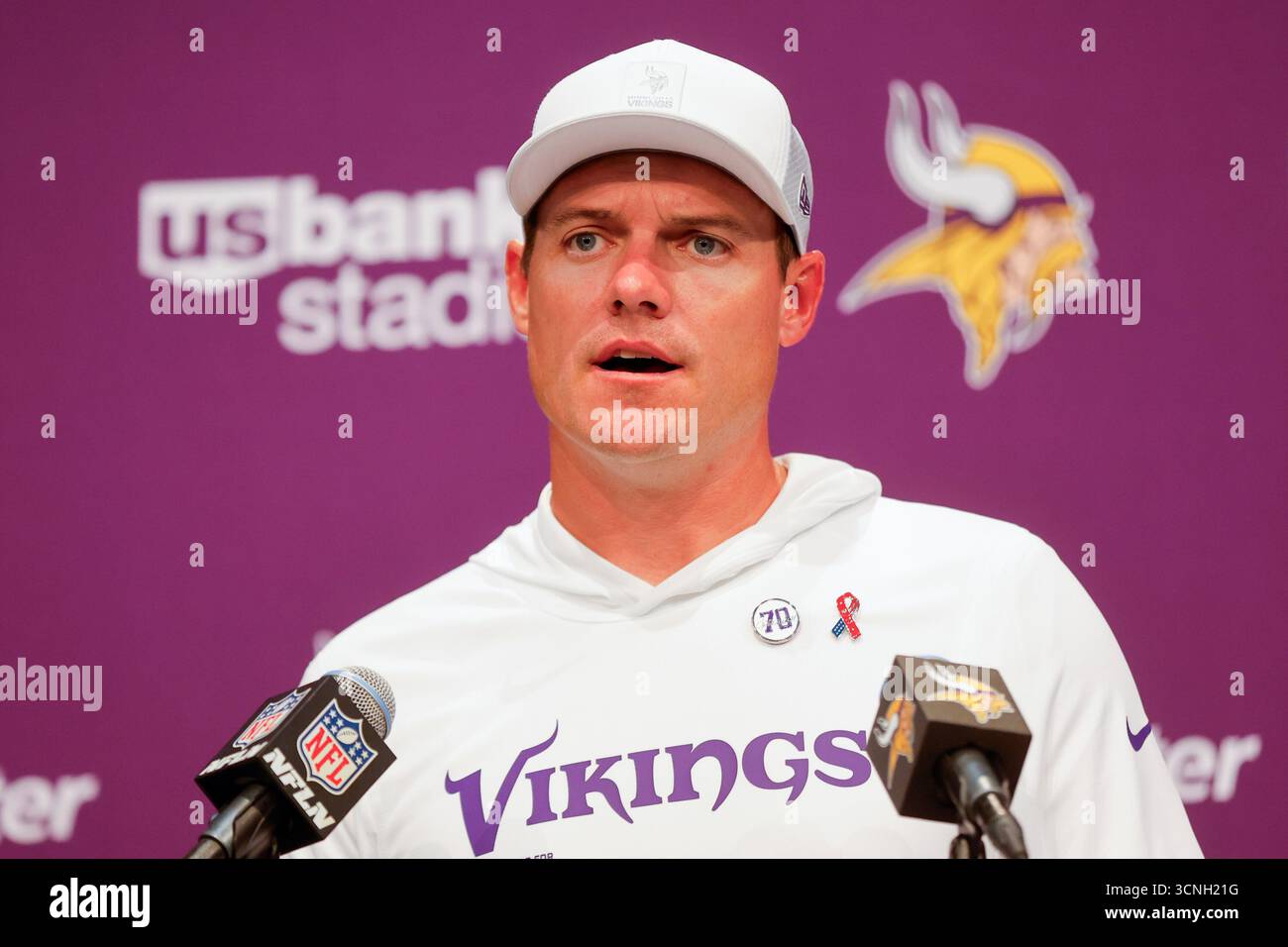Minnesota Vikings head coach Kevin O'Connell speaks to the media after ...