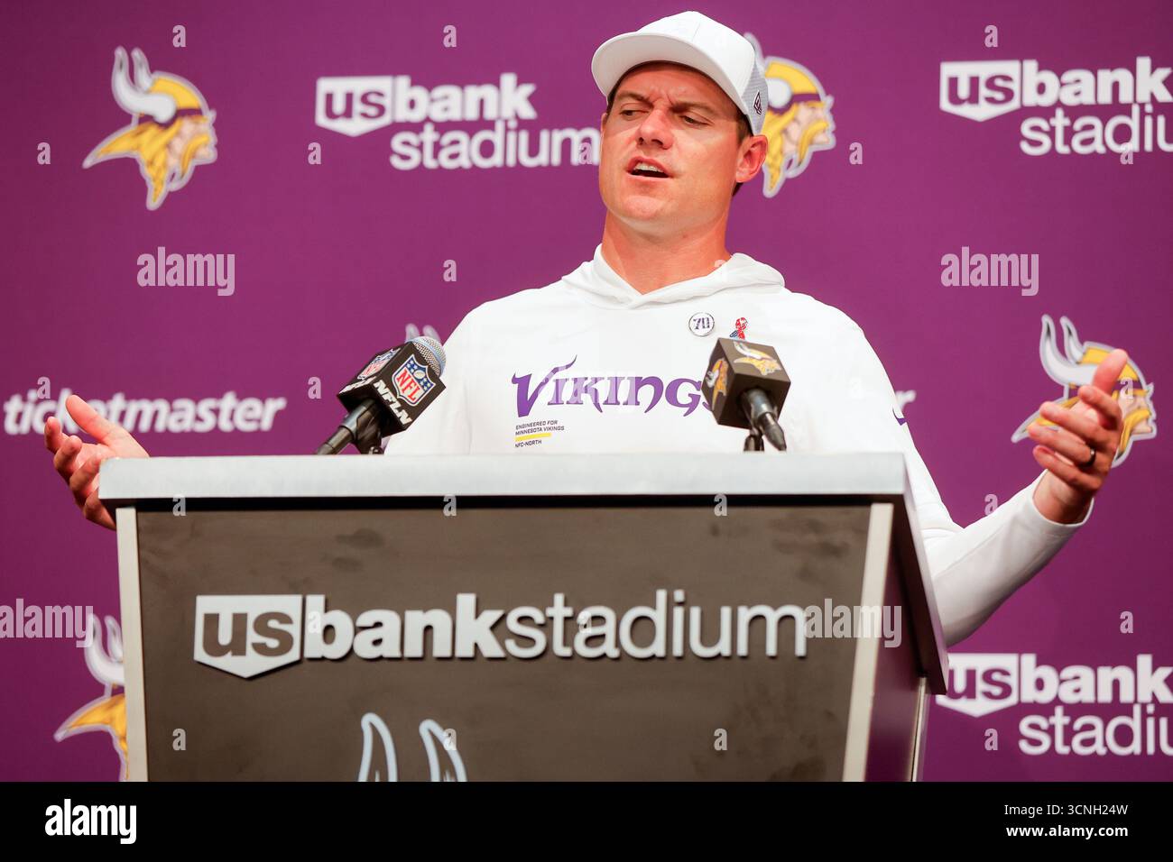 Minnesota Vikings head coach Kevin O'Connell speaks to the media after ...