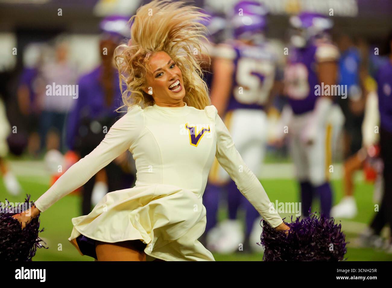 Minnesota Vikings cheerleader performs in the fourth quarter of an NFL ...
