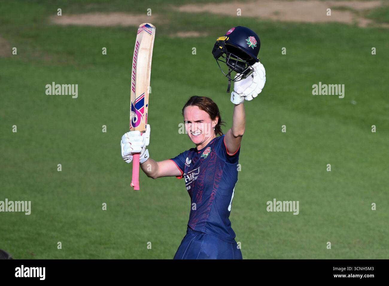 Southampton, UK, 21 September 2025. Gaby Lewis of Lancashire raises her ...