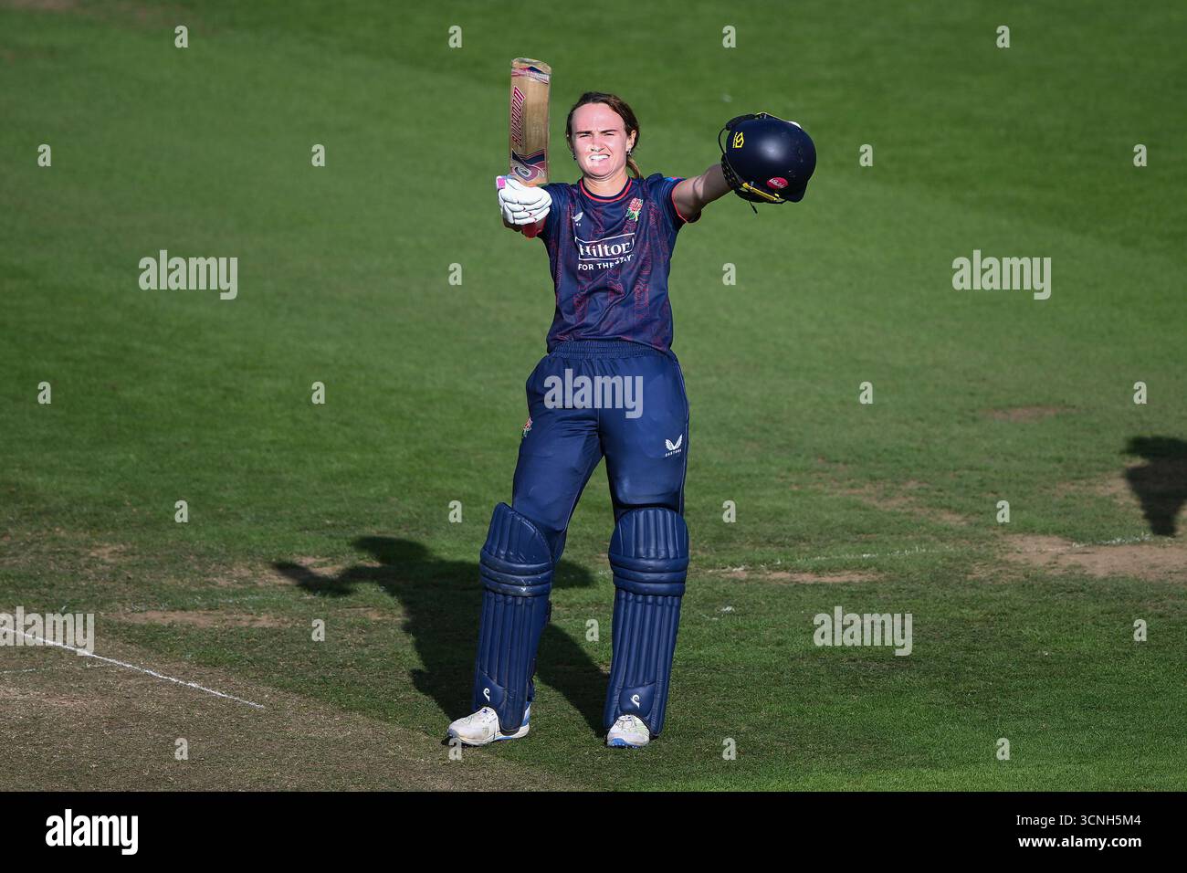 Southampton, UK, 21 September 2025. Gaby Lewis of Lancashire raises her ...