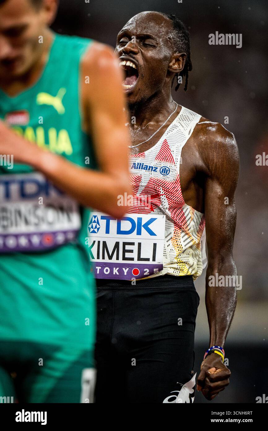 Belgian athlete Isaac Kimeli winner of the silver medal celebrates ...