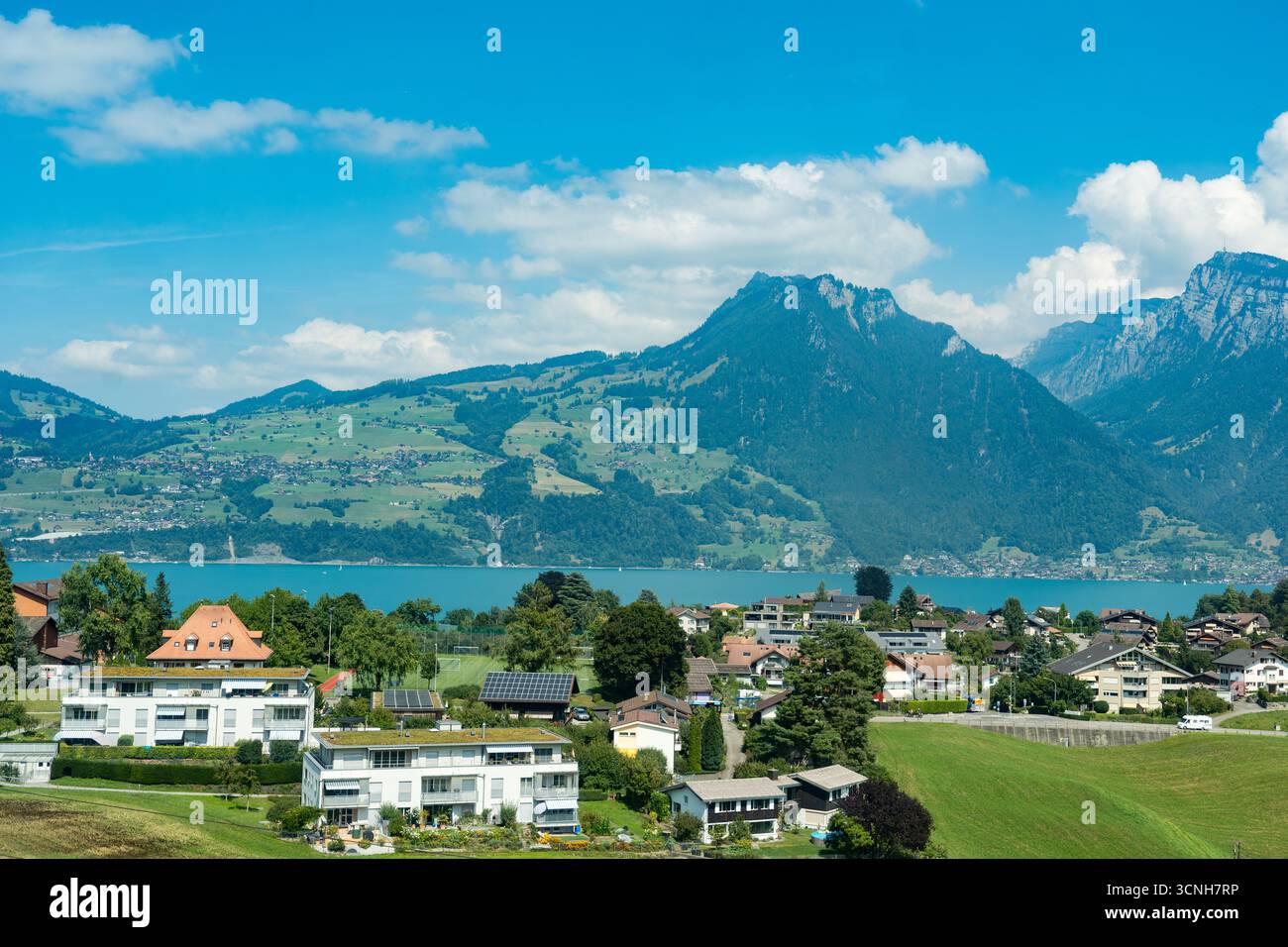 Train ride along Lake Thun with Thun city, green fields, and alpine ...