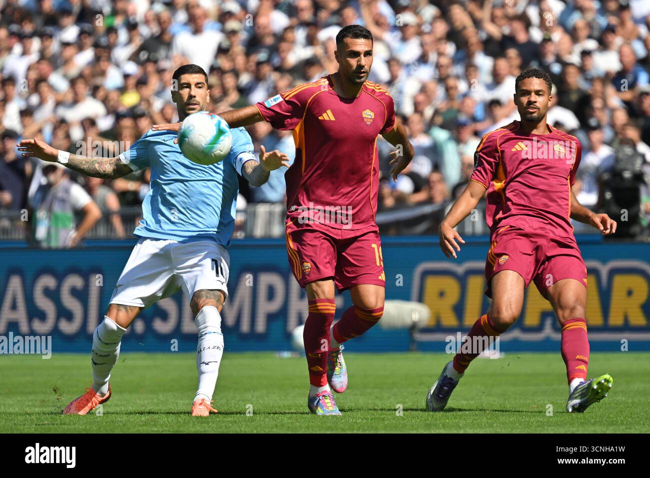 Mattia Zaccagni of SS Lazio,Zeki Celik of AS Roma,Devyne Rensch of AS ...