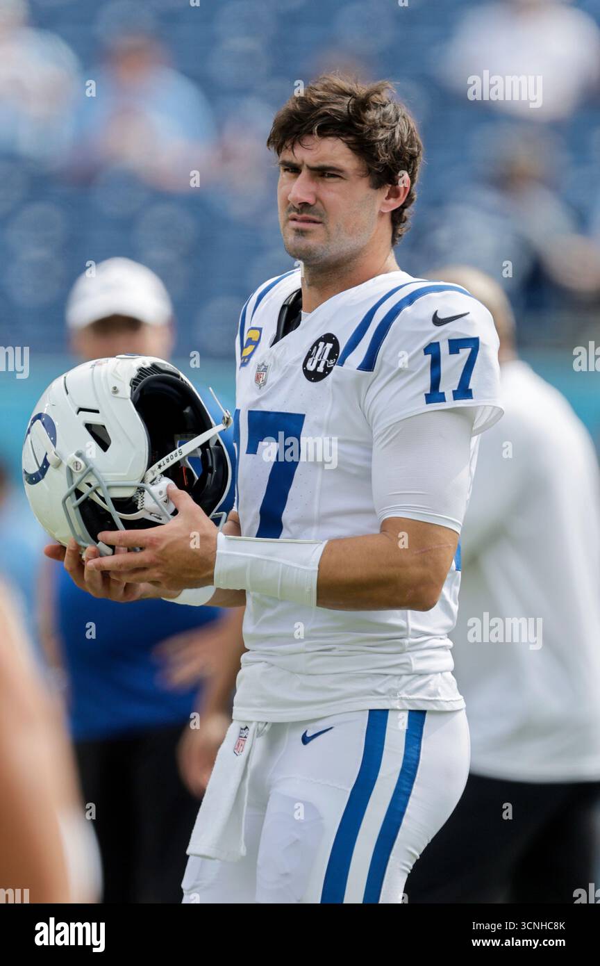 Indianapolis Colts quarterback Daniel Jones (17) warms up prior to an ...