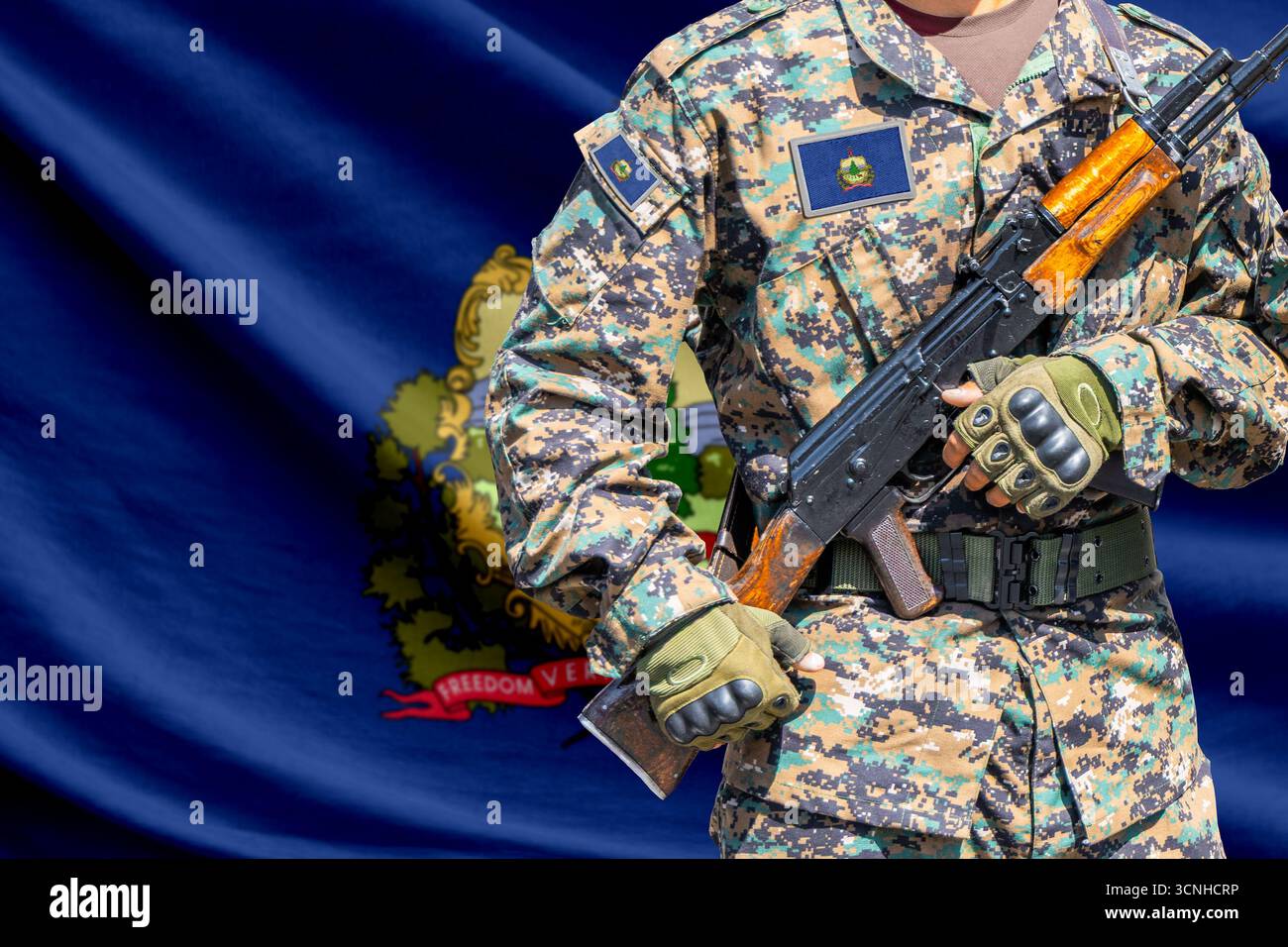 Vermont US state flag with soldier holding assault rifle in front of it ...