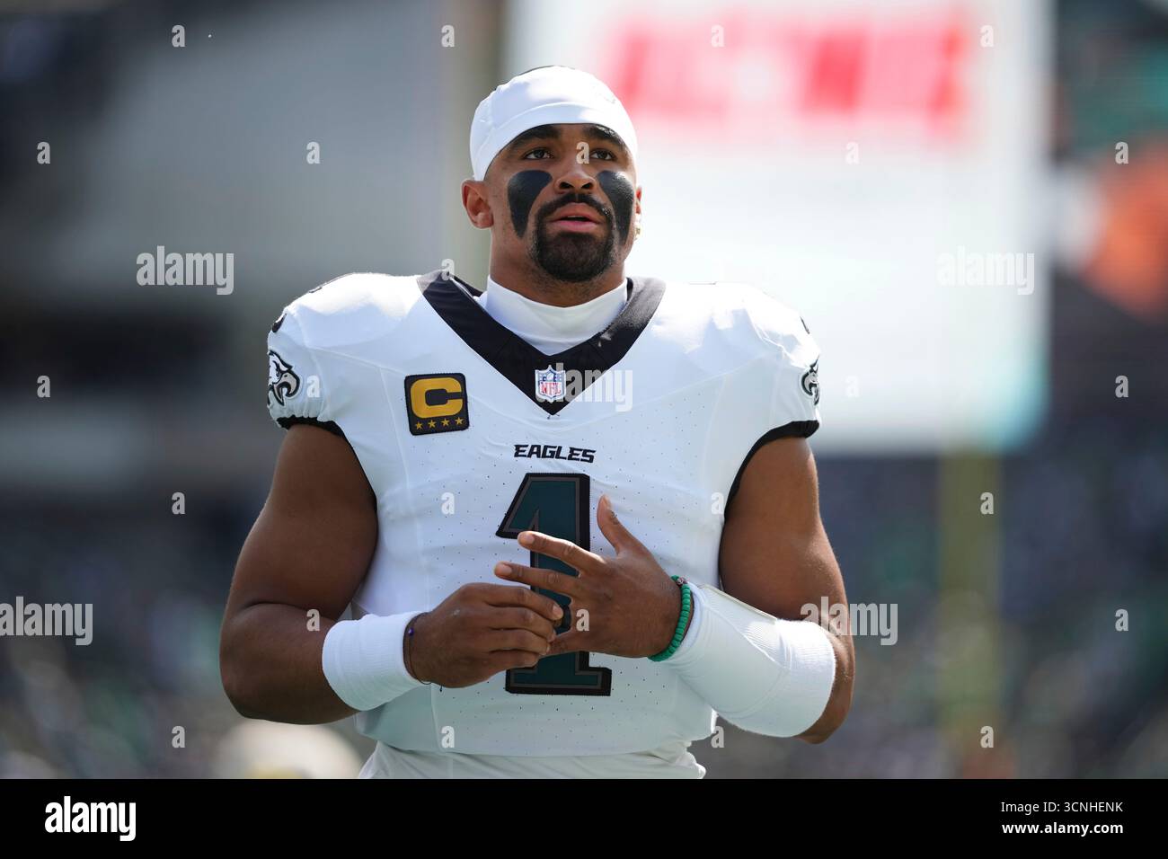 Philadelphia Eagles quarterback Jalen Hurts pauses before an NFL ...