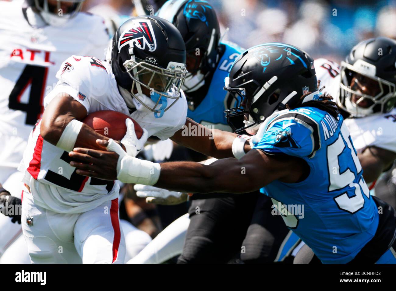 Atlanta Falcons wide receiver Ray-Ray McCloud is tackled by Carolina ...