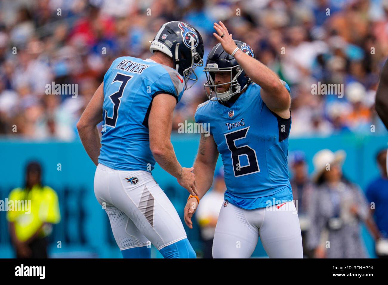 Tennessee Titans kicker Joey Slye (6) celebrates with punter Johnny ...