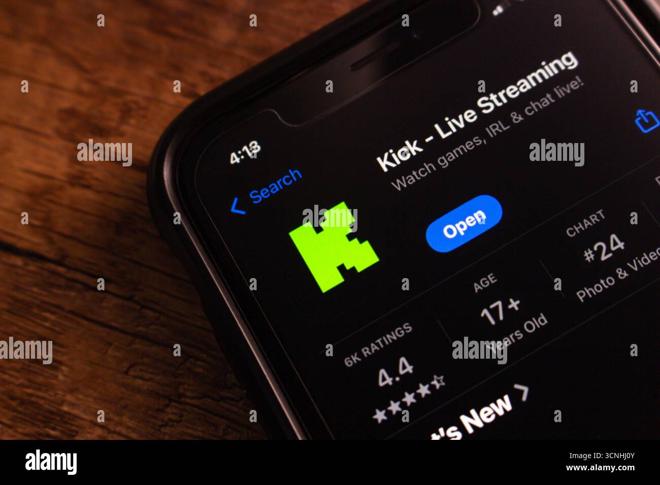 Close-up of smartphone showing Kick live streaming app on the App Store ...