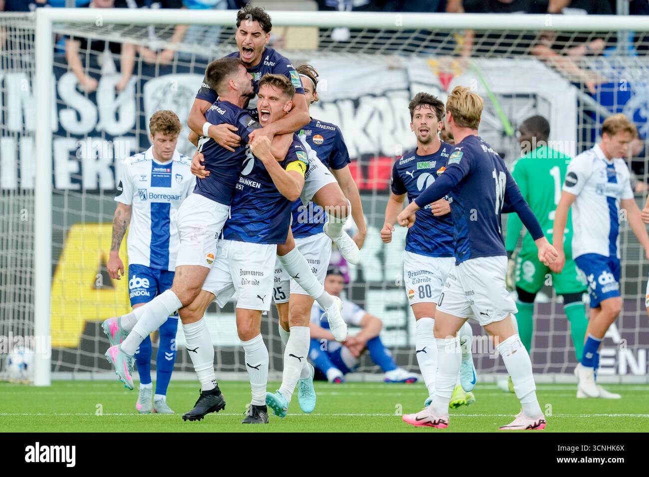 Drammen 20250921. Strømsgodset's Gustav Valsvik celebrates after the 2 ...
