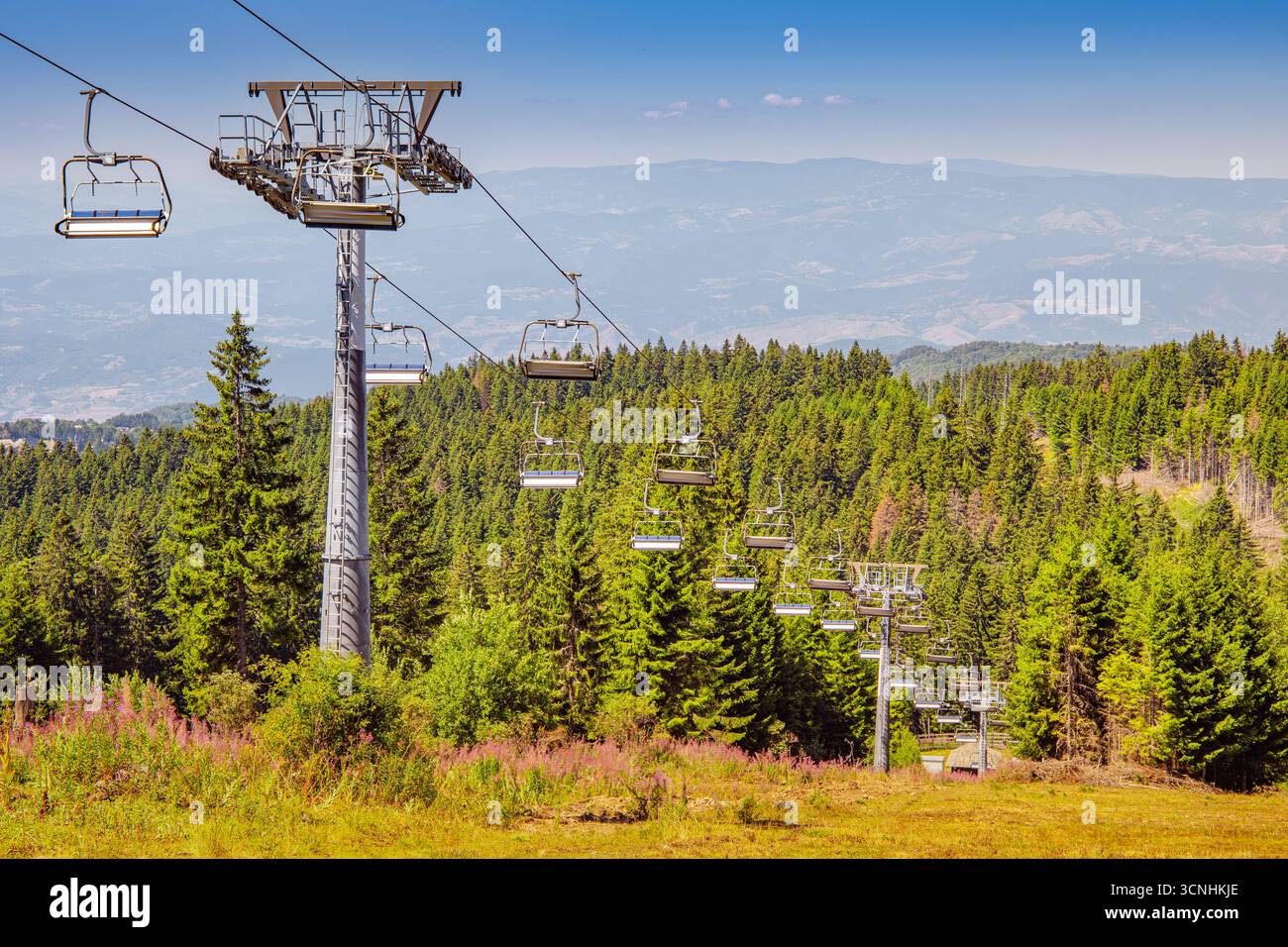 Chairlift mechanism moving chairs above a pine forest and mountain ...