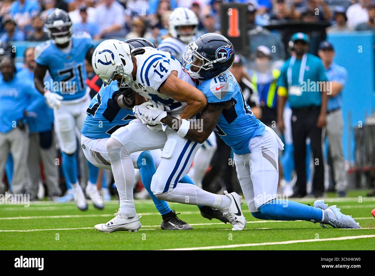 Indianapolis Colts wide receiver Alec Pierce (14) is tackled by ...